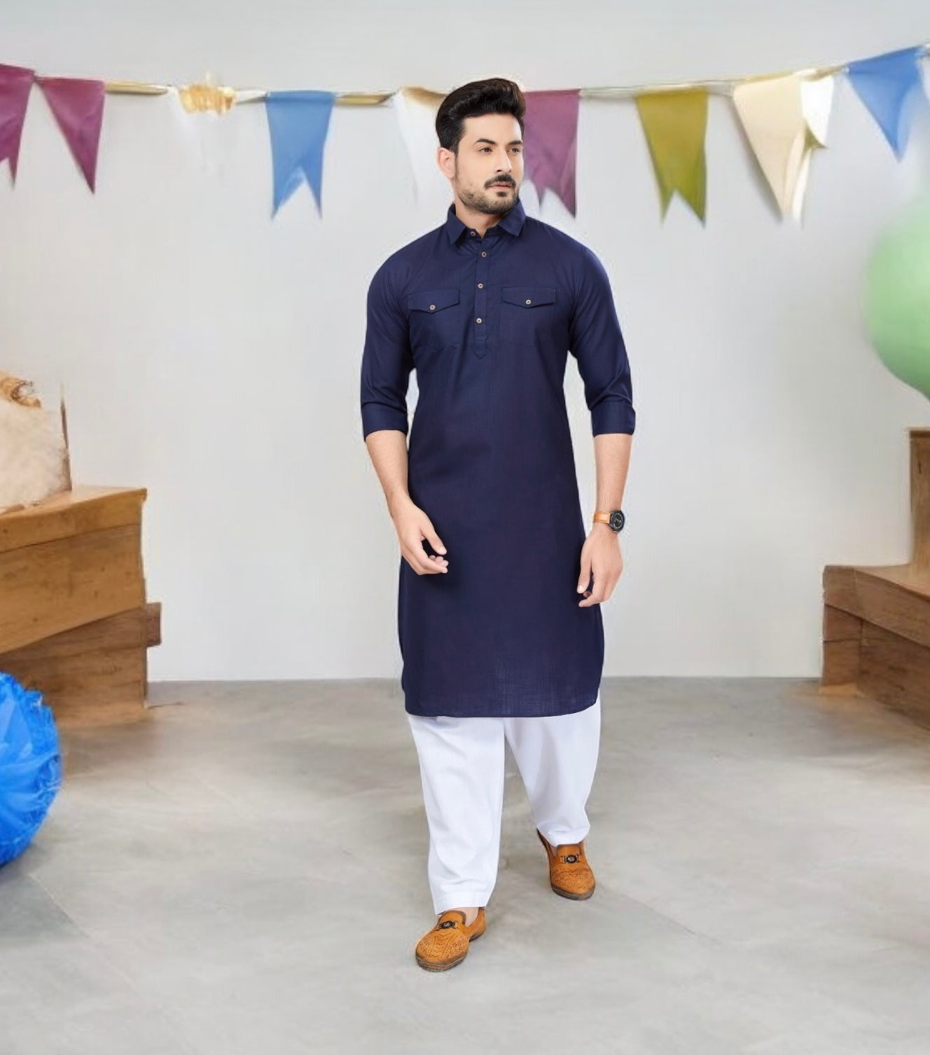 Traditional Navy Blue Pathani Cotton Kurta Pajama Outfit– Ethnic Wear ...